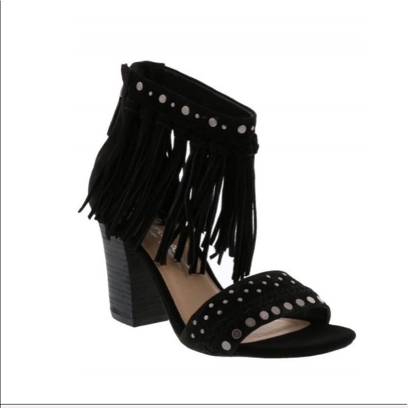 Anthropologie | Shoes | Nib Black Leather Fringe Boho Block Heel Sandal ...